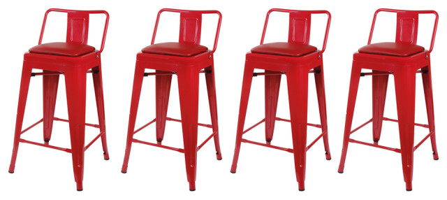 Lowback Red Metal Bar Stools, Red Vegan Leather Seat, Set of 4 ...