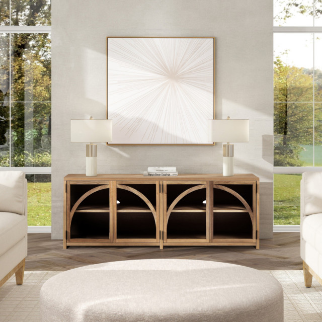 Oliver 65" Arched Door Open-Shelf Display Cabinet, Natural Brown ...