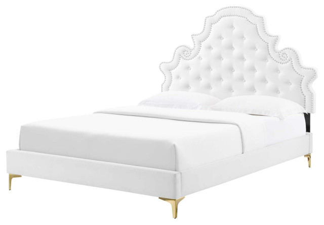 Tufted Platform Bed Frame, King Size, Velvet, Gray, Modern Contemporary ...