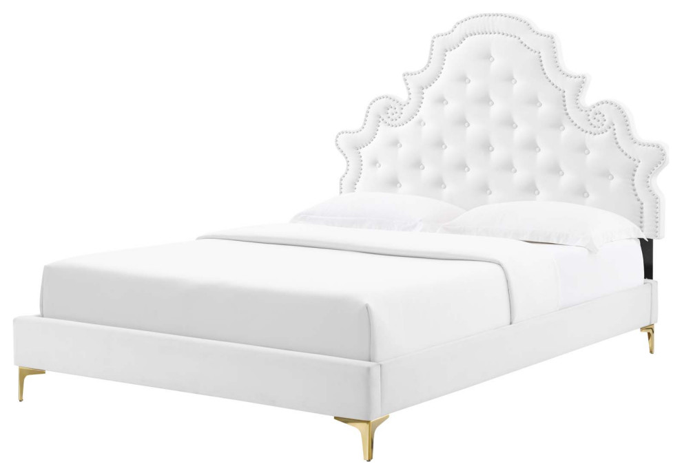 Tufted Platform Bed Frame King Size Velvet Gray Modern Contemporary