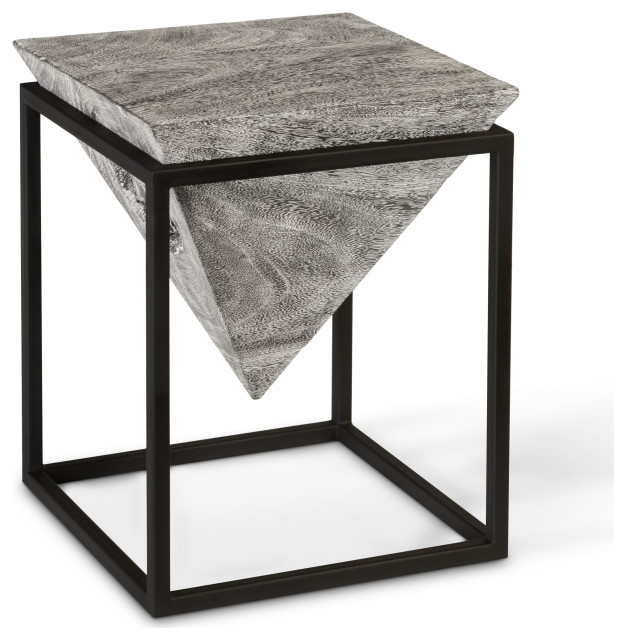Inverted Pyramid Side Table, Gray Stone, Wood/Metal, Black, Small ...