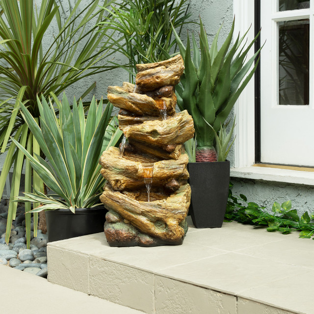 4 Tier Rainforest Waterfall Fountain with LED Lights - Rustic - Outdoor ...