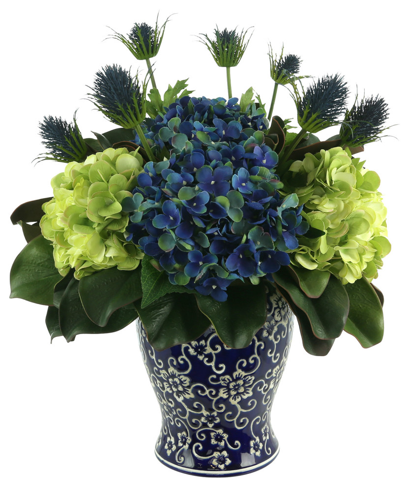 Assorted Hydrangea and Thistle Arrangement in a Decorative Ceramic Vase ...