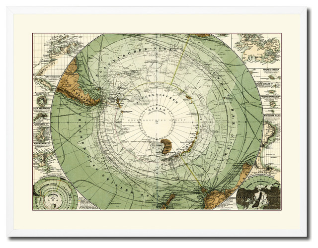 Antarctica South Pole Old Map Print On Canvas With Frame 16" X 21", 28 ...