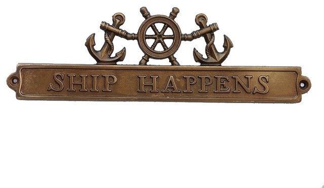 Antique Brass Ship Happens Sign With Ship Wheel and Anchors 12" - Beach ...
