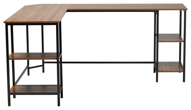 Modern Walnut Brown Finished Black Metal L-Shaped Corner Desk With ...