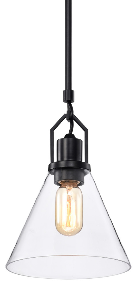 1-Light Matte Black Mini Pendant With Clear Cone Glass Shade ...