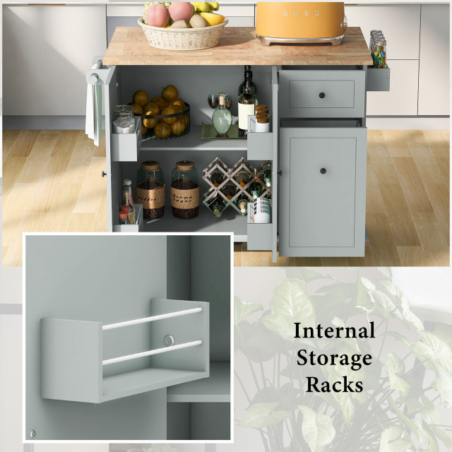 Rubberwood Kitchen Cart, Drop Leaf, Internal Storage Rack, and 2 ...