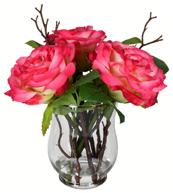 10" Dark Pink Rose In Glass Vase - Modern - Artificial Flower ...