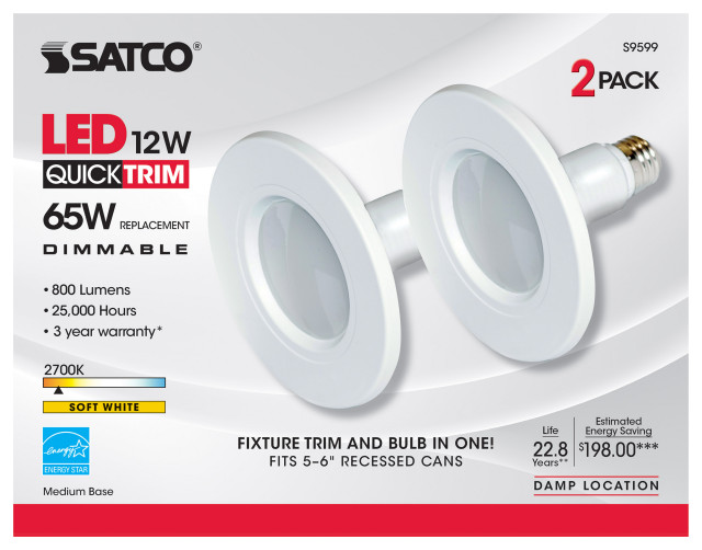 12 Watt - Downlight Retrofit LED - 5''-6'' Trim - 2700K - 120 Volt - 2 ...