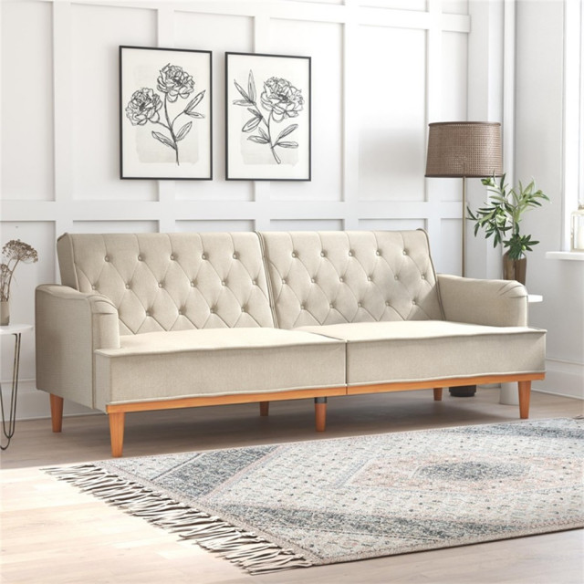 Pemberly Row Vintage Convertible Sofa Bed Futon in Tan Linen ...