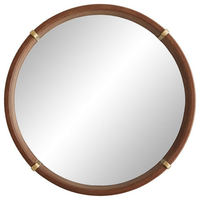 Edmund Mirror, Brown Leather, Antique Brass, Plain Mirror, 30"W (4846 ...