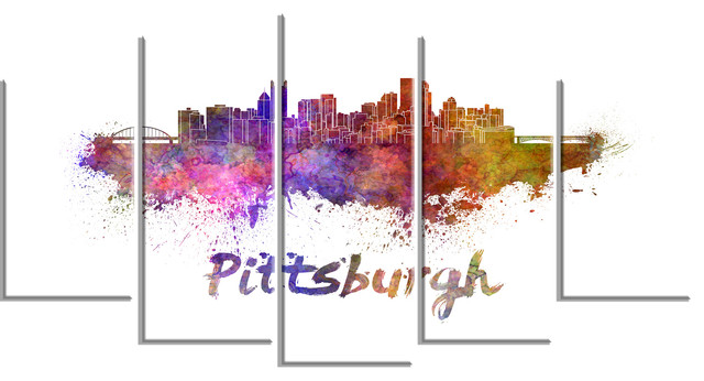 "Pittsburgh Skyline" Cityscape Glossy Metal Wall Art, 60"x32", 5 Panels ...