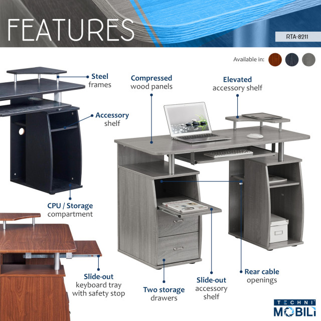 Techni Mobili Complete Computer Workstation Desk With Storage, Espresso ...