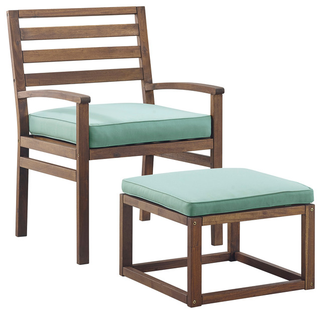 Acacia Wood Outdoor Patio Chair & Pull Out Ottoman, Dark Brown/Blue ...