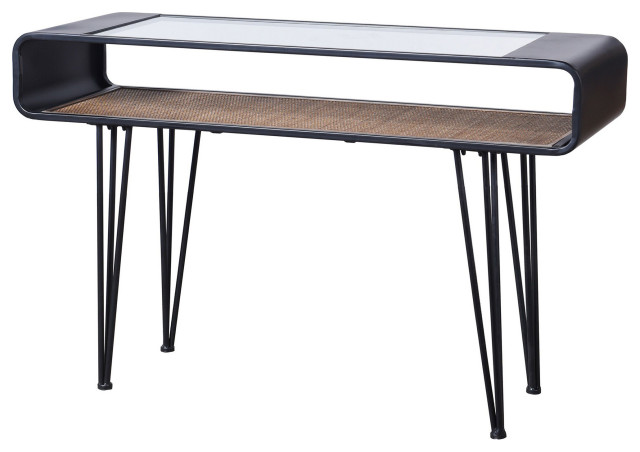 Aaron Console Table Graphite Metal, Clear Glass Top, Rattan Lower Shelf ...