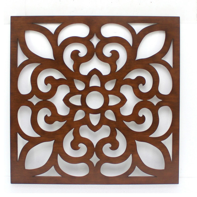 Square Shape Wooden Wall Decor with Floral Sculpture Pattern, Brown ...
