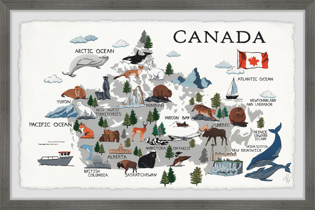 "Gray Canadian Map" Framed Painting Print, 36"x24" - Contemporary ...