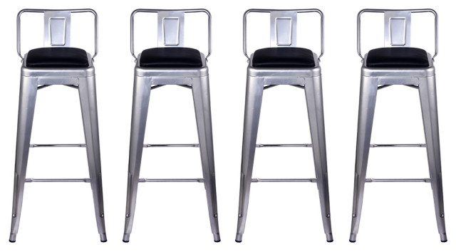 Metal Silver Bar Stools With Lowback Vegan Leather Seat, Set of 4 ...