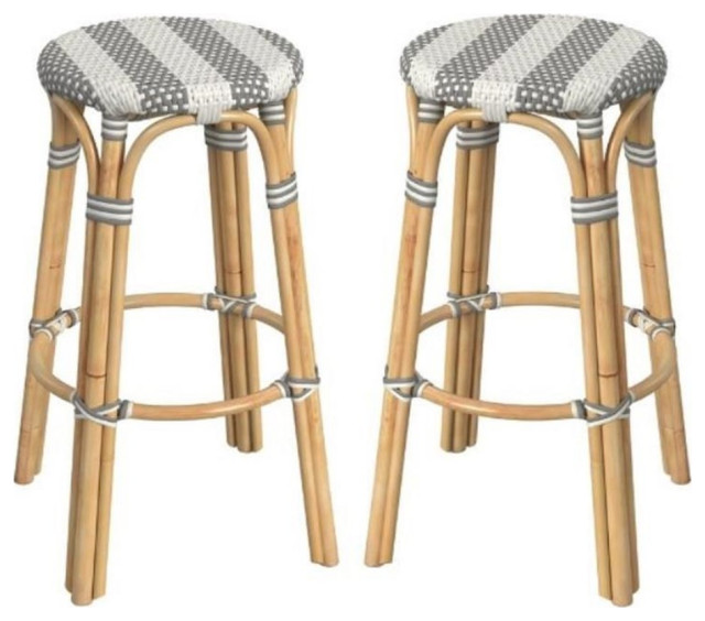 Home Square 30" Round Rattan Bar Stool in Gray & White Stripe - Set of ...