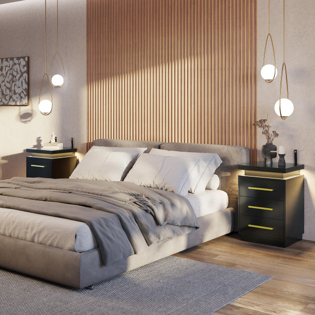 Set of 2 End Tables with RF Remote-Controlled LED Lights, Three Drawers ...