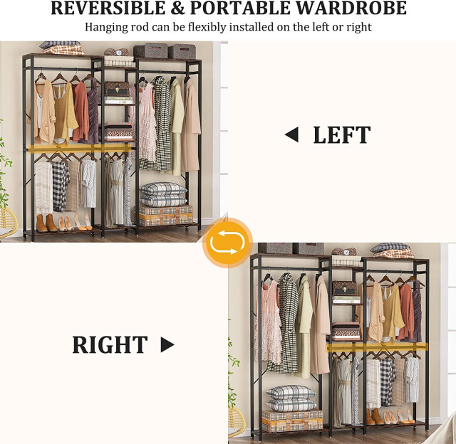 Tribesigns Freestanding Closet Organizer 3 Hanging Rod and Shelves ...