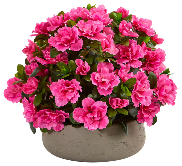 Nearly Natural Azalea Artificial Plant in Stone Planter - Contemporary ...