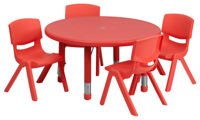 33'' Round Red Plastic Height Adjustable Activity Table Set with 4 ...