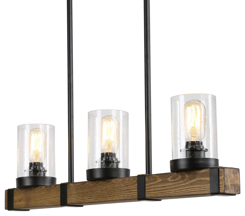 LNC 3-Lights Farmhouse Matte Black and Brown Wood Medium Linear ...