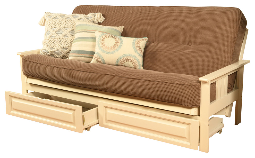 Caleb Frame Futon With Antique White Finish, Storage Drawers ...