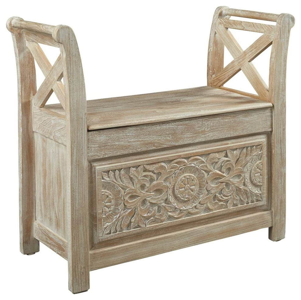 Accent Storage Bench, Unique Design With Carved Floral Pattern, White ...