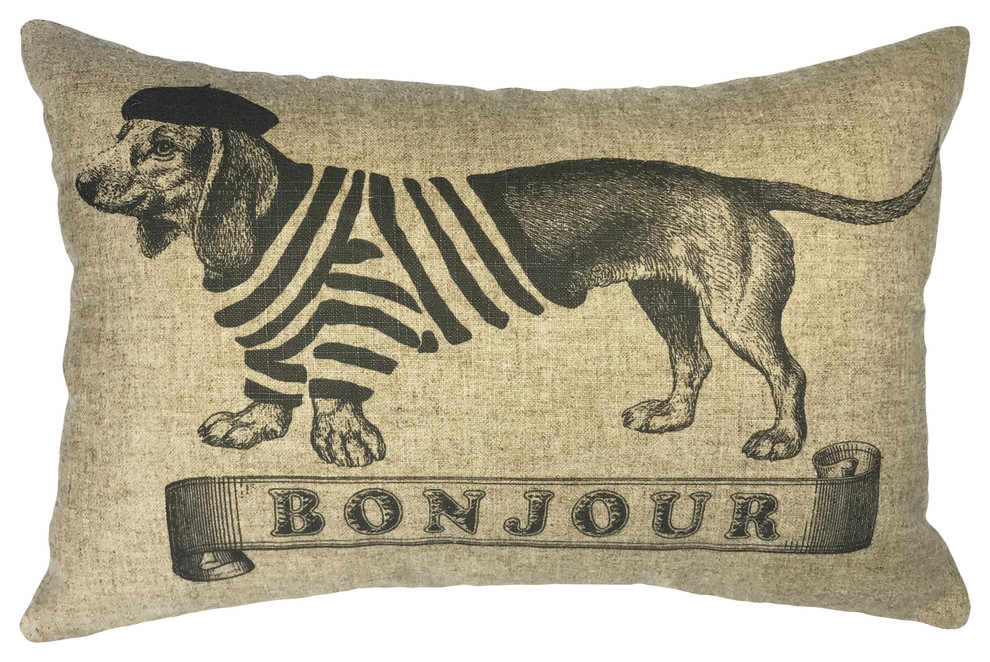 Bonjour Dog Linen Pillow, 18" x 12" - Contemporary - Decorative Pillows ...