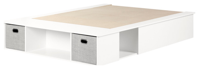 Full Platform Bed, Wood Frame With Open Compartment & Storage Bins ...