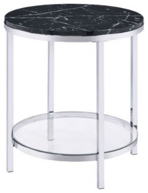25" Chrome And Black Faux Marble And Metal Round End Table With Shelf ...