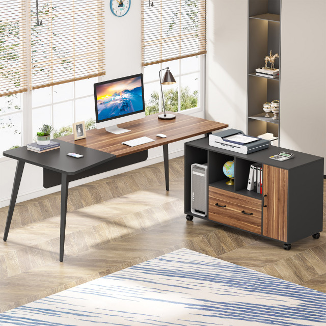 70" Large L Shaped Executive Desk With Drawers and File Cabinet ...