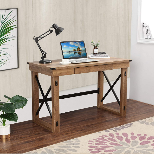 Sturdy Rustic Modern Computer Table, Wood & Metal Desk with Drawer ...