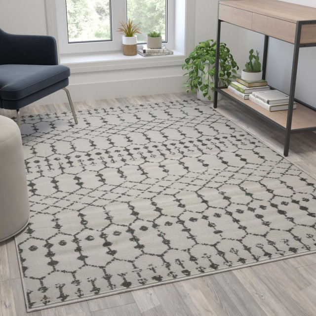Geometric Bohemian Low Pile Rug - 5' x 7' -Ivory/Gray Polyester ...