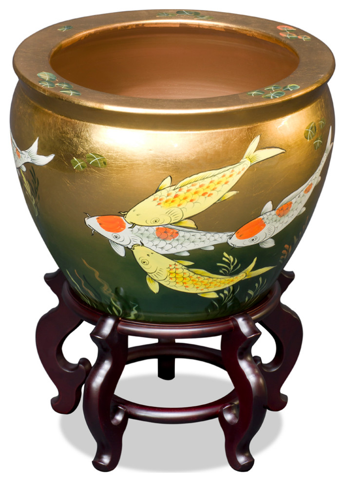 16" Gold Prosperity Koi Design Chinese Fishbowl Planter - Asian ...