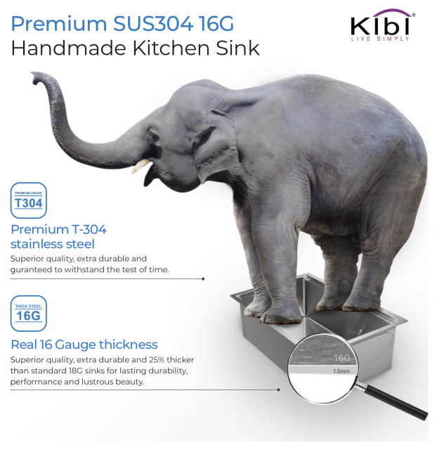 KIBI Handcrafted Undermount Single Bowl 16 gauge Stainless Steel ...