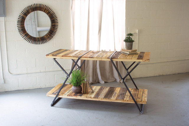 Kalalou F5002 Reclaimed Wood Two Tiered Display Table W Folding Iron Base - Industrial - Console ...