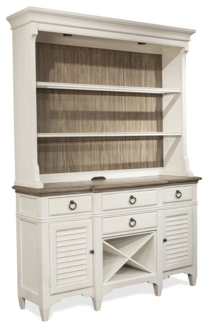 Transitional Buffet Cabinet With Hutch, Louvered Doors & Led Lights ...