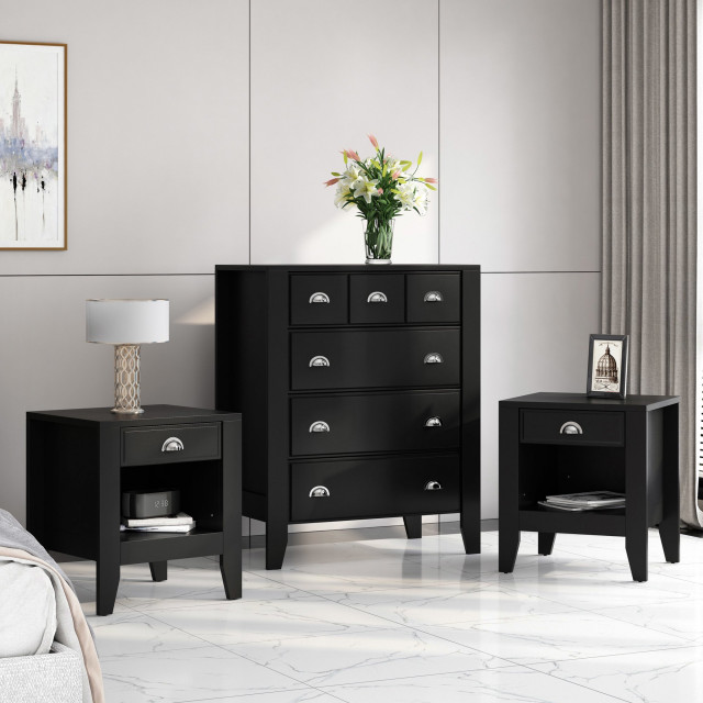 3 Pieces Dresser & 2 Nightstand Set, Drawers With Hooded Pulls Handles ...