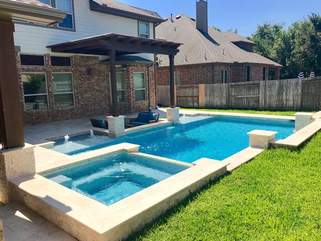 Travertine Pools with Raised Beam Walls - Pools & Hot Tubs - Houston ...