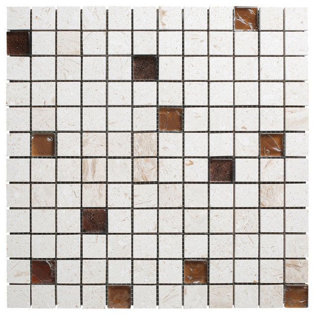Shell Stone Limestone and Brown Glass Mix 1"x1" on 12"x12" Mesh Mosaic ...