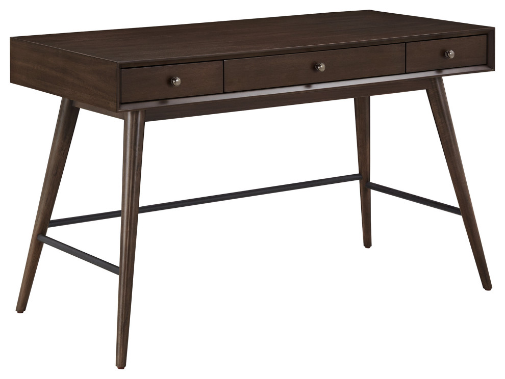 Aloisia Wood 3-Drawer Writing Desk - Dark Walnut Finish - Midcentury ...