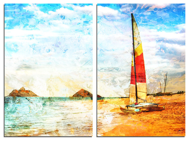 Red Sail Canvas Wall Art, 2-Piece Set, 20" Hx32" W - Beach Style ...