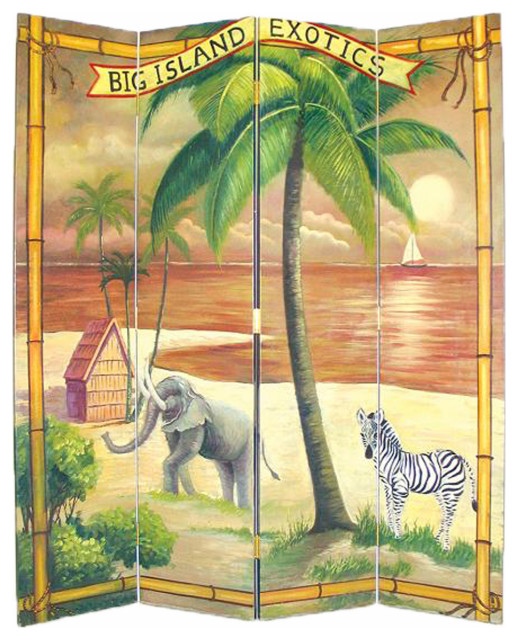 Wooden 4 Panel Room Divider with Ocean and Beach Scene, Multicolor ...