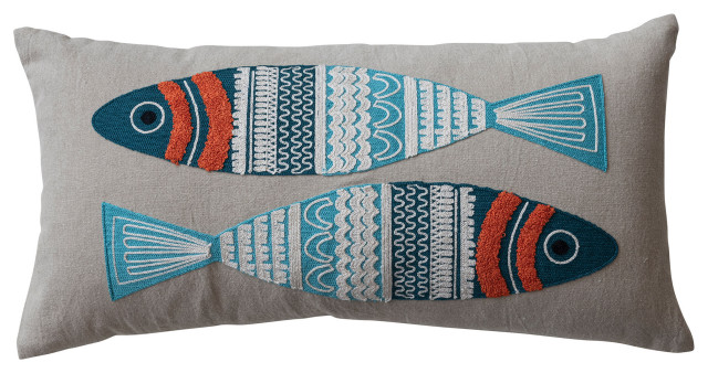 Cotton Chambray Lumbar Pillow With Embroidered Fish, Multicolor - Beach ...