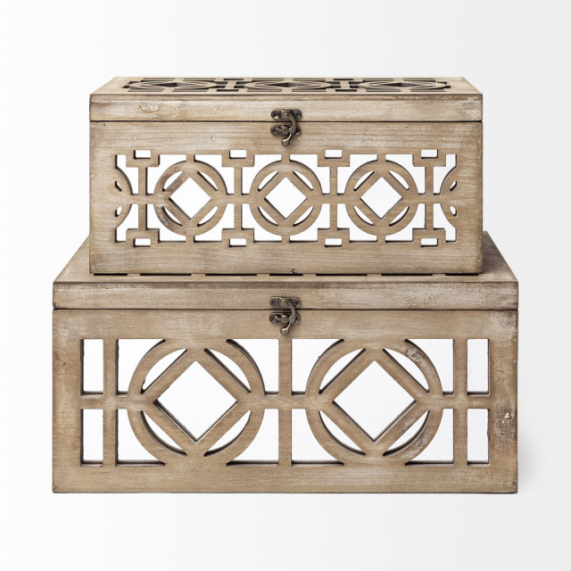 Set of Two Brown Mirrored Wooden Boxes - Farmhouse - Decorative Boxes ...