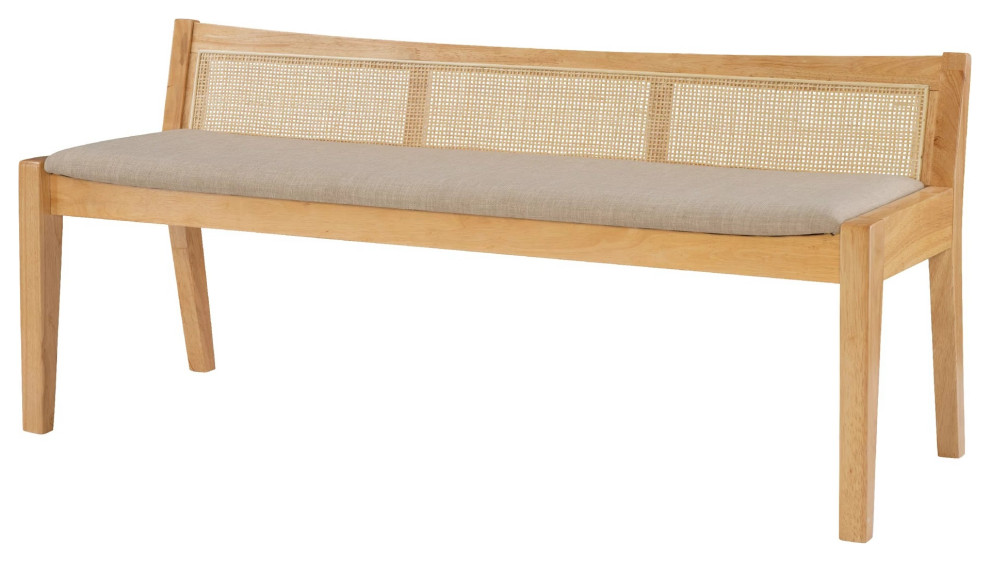 Traditional Bench with Rattan Cane Back and Padded Seat, Hardwood Frame ...